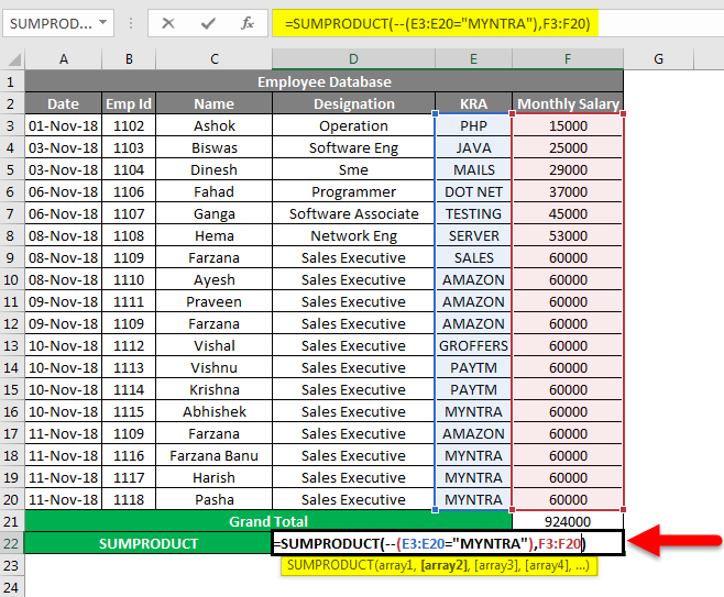 SUMPRODUCT With Multiple Criteria Function And Examples