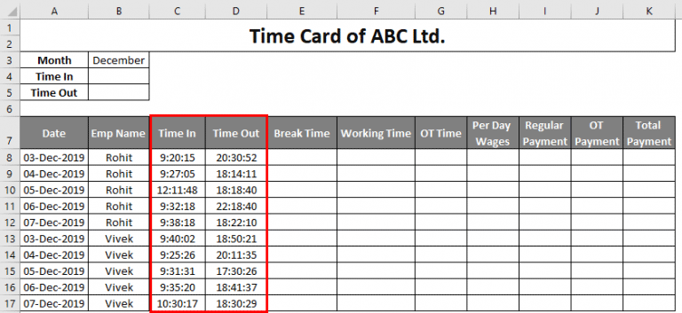 Timecard Template in Excel | Recording Data Using Timecard Template